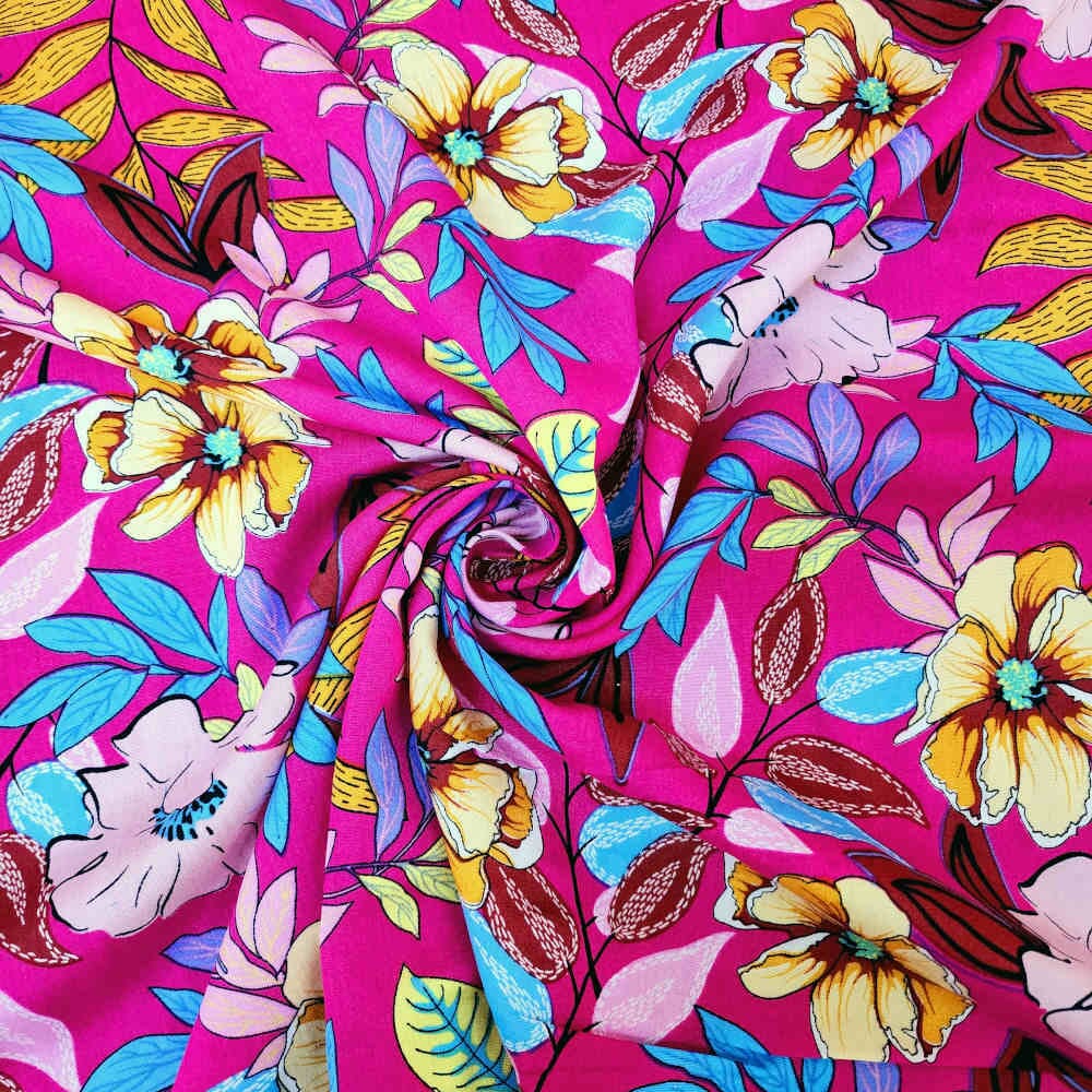 Rayon Challis – Floral – Cerise Pink | Curtain Dream
