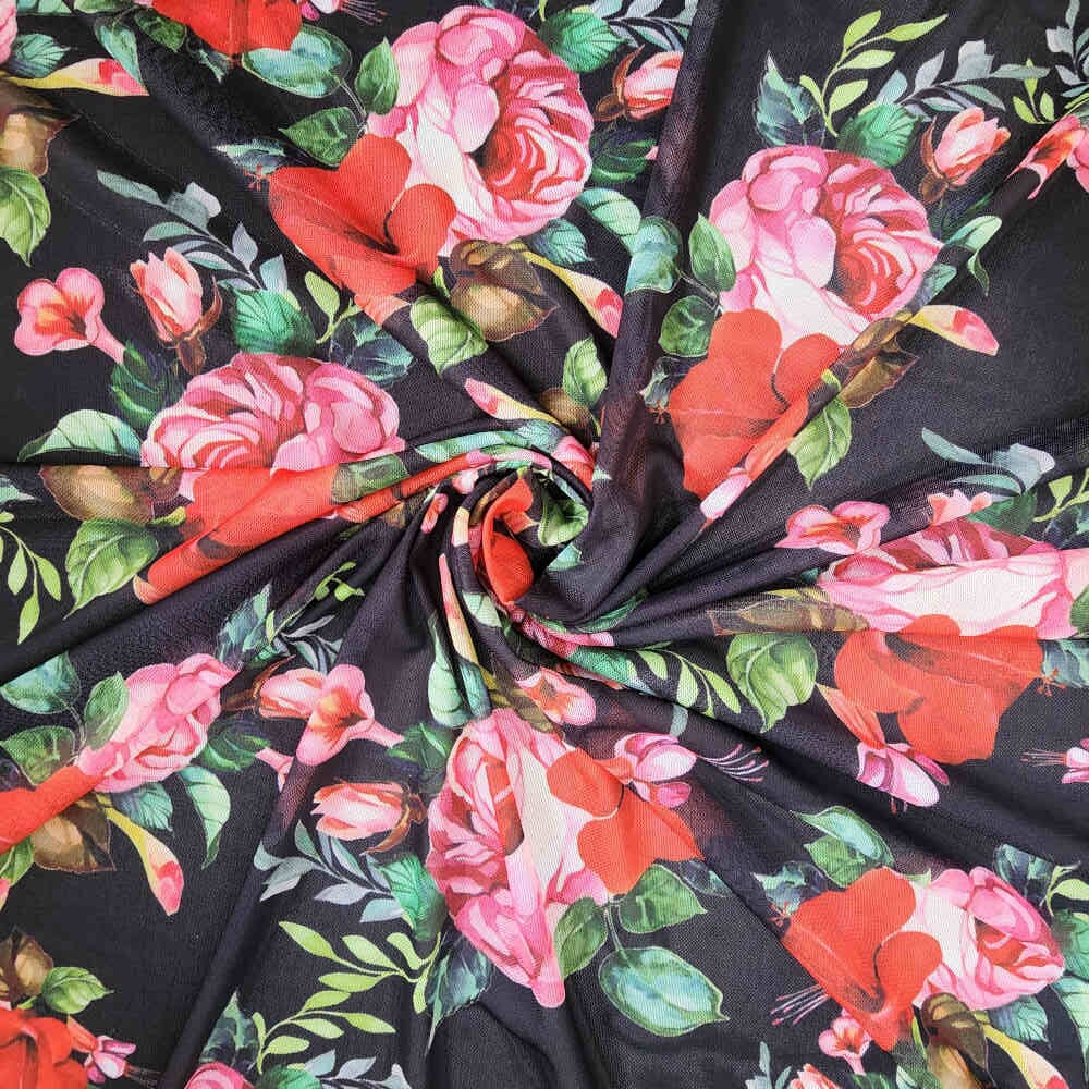 Printed Power Mesh – Floral – Black | Curtain Dream