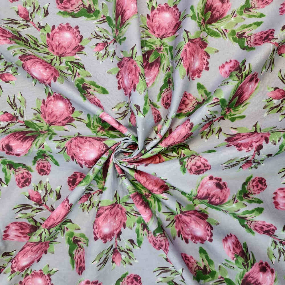 Printed Poly Cotton – Protea – Grey | Curtain Dream